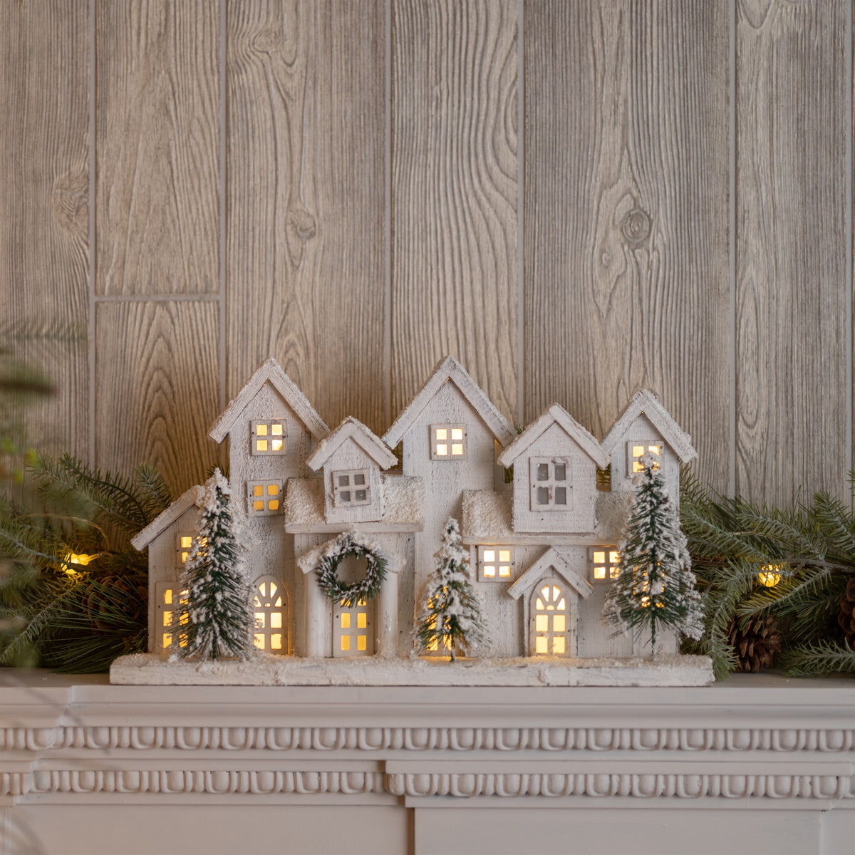 Christmas Home Decor 17" – Flocked Wood Village With LED Illuminated W ...