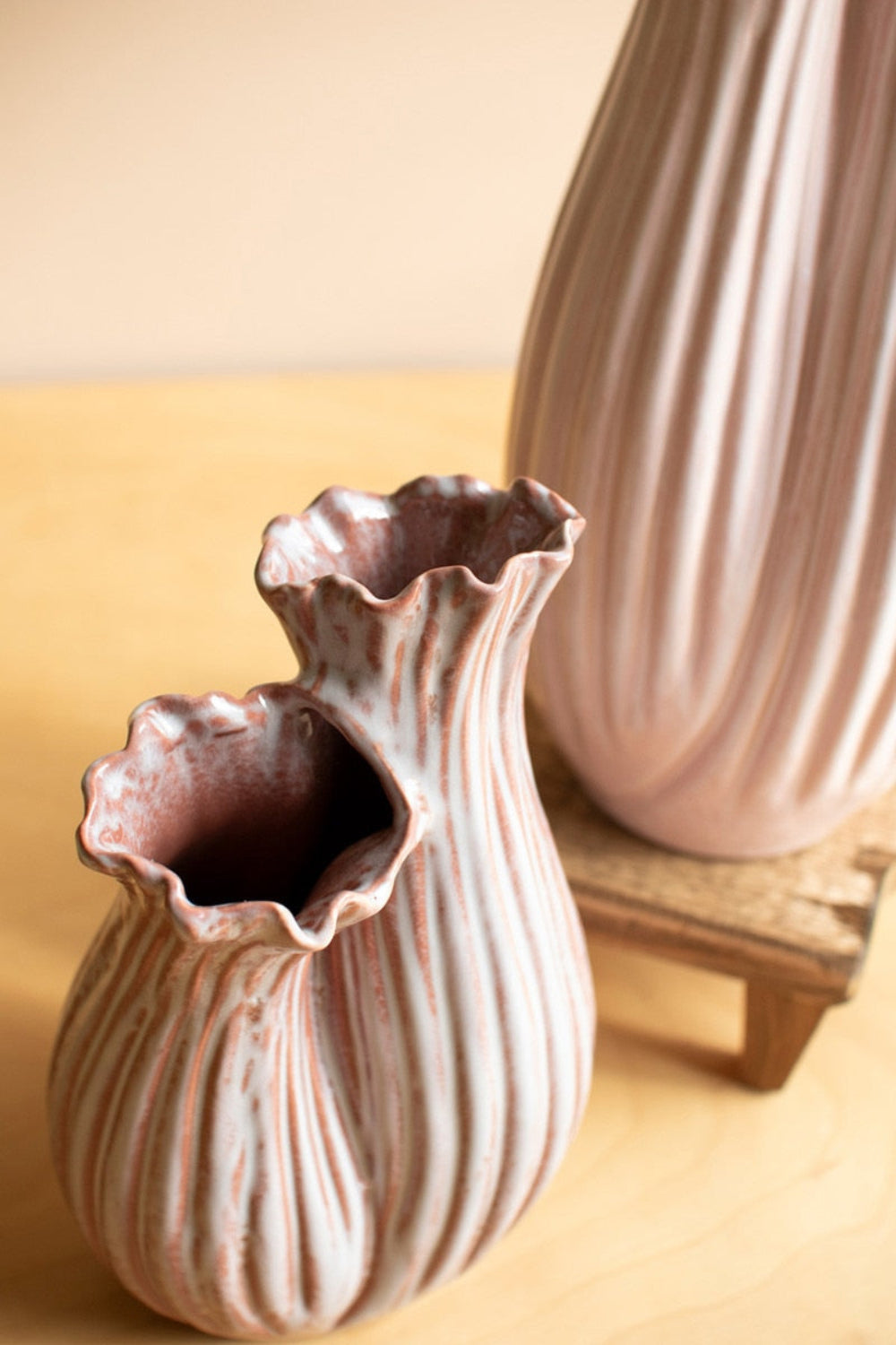 Ceramic Fluted Vase Set of 2 – Double Opening Tabletop Decor – 14.5" T ...