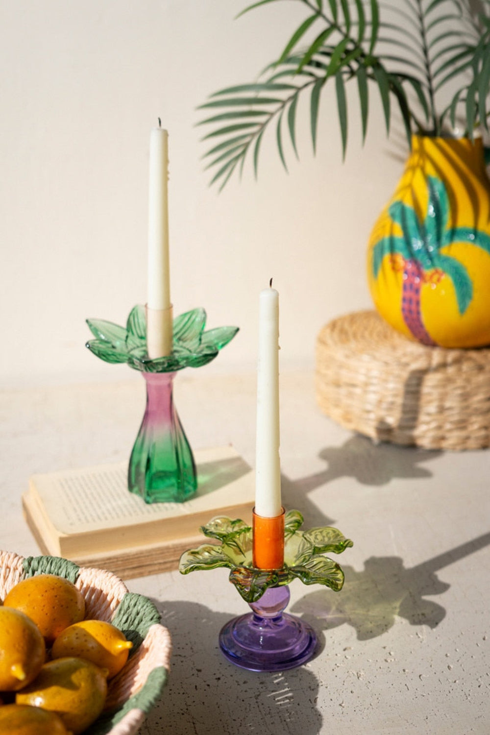 Colored Glass Flower Taper Candle Holders – 2x Set of 2 by Kalalou ...