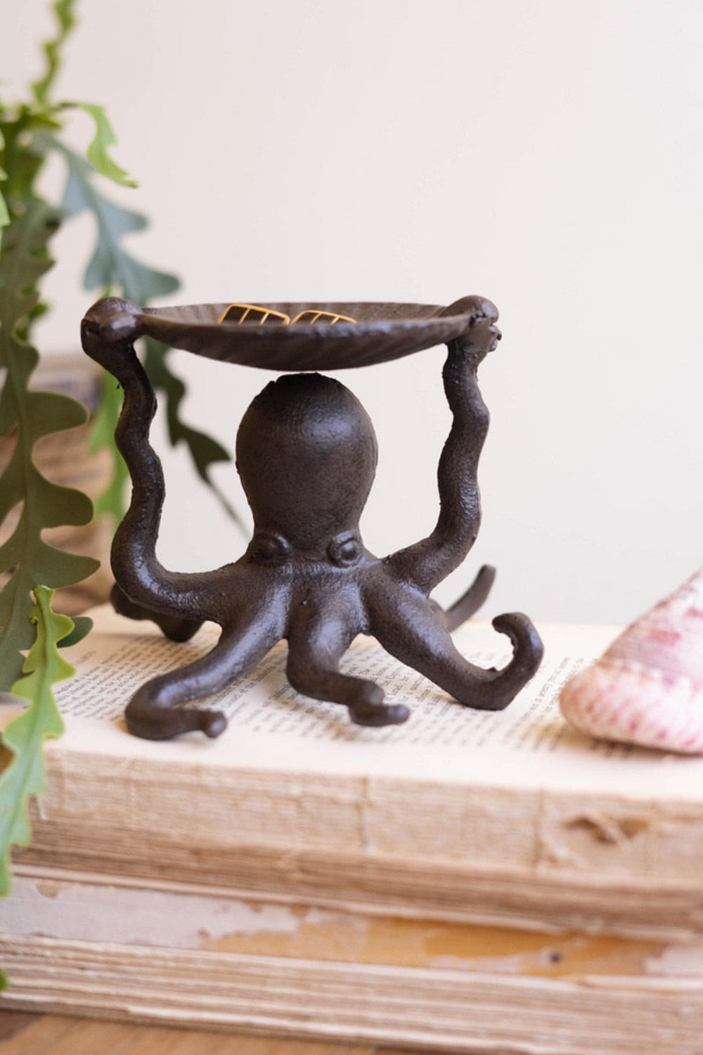 Cast Iron Octopus Shell Trinket Tray – 6"L Brown Matte Coastal Decor B ...