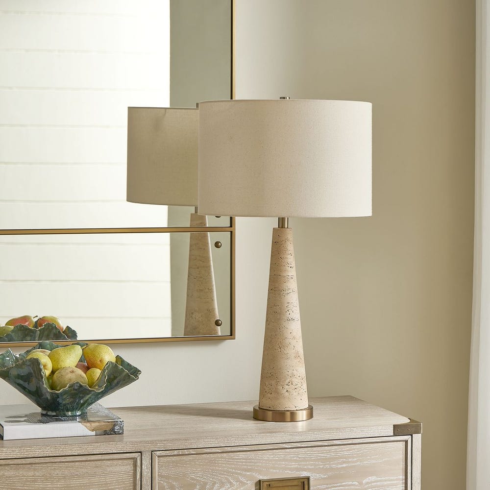 Uttermost Perkins Beige Travertine Table Lamp – 31.625"H Tapered Stone ...