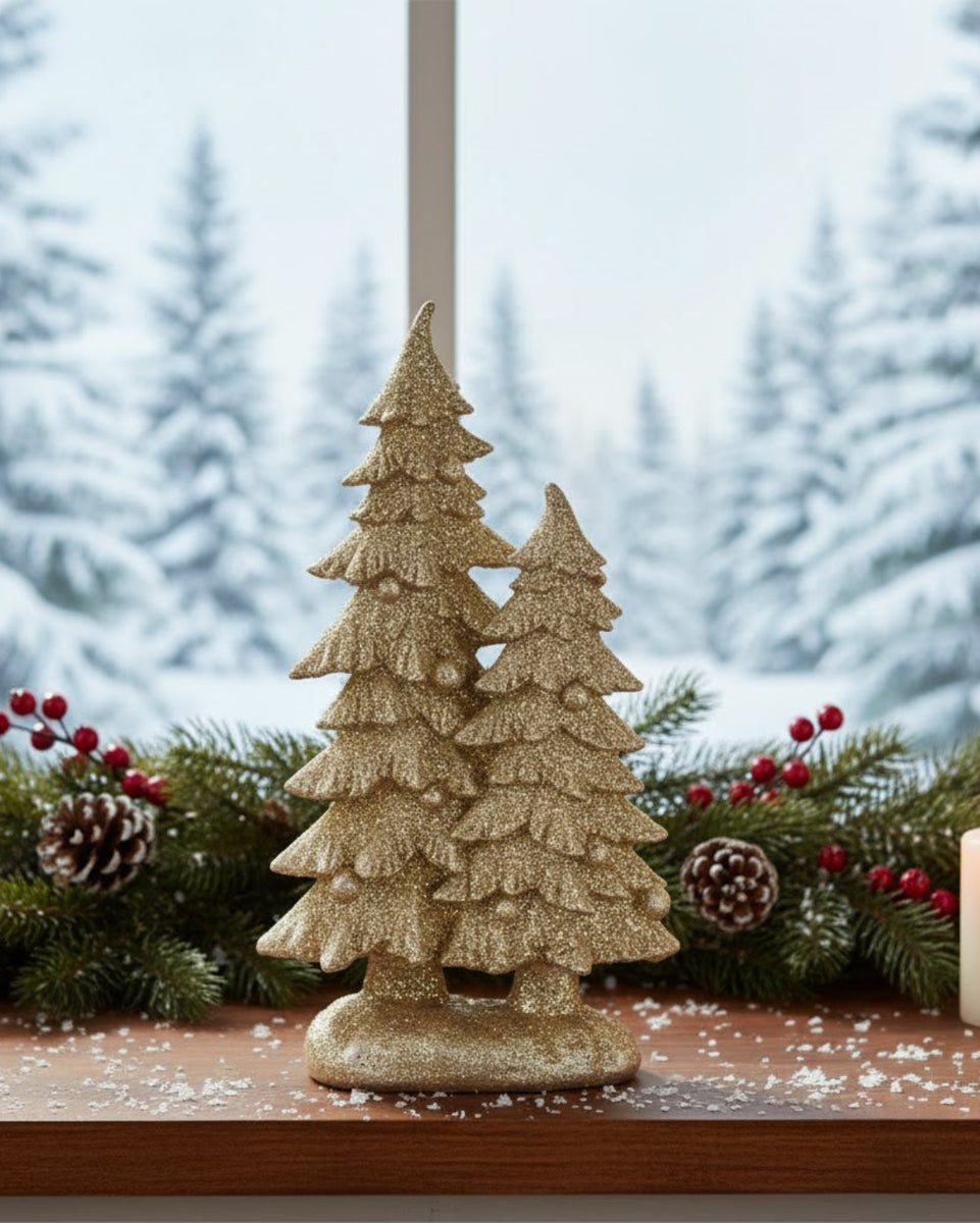 Christmas Winter Tabletop 2 Trees Double Resin Figurines – 11.5" H by ...